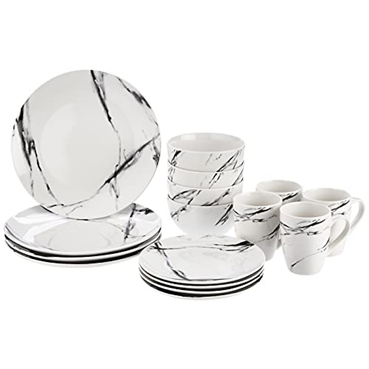 American Atelier Marble Black Coup Casual Round Porcelain Dinnerware Set-16 Piece Party Collection w/ 4 Dinner Salad Plates, 4 Bowls & 4 Mugs, 10.5", White