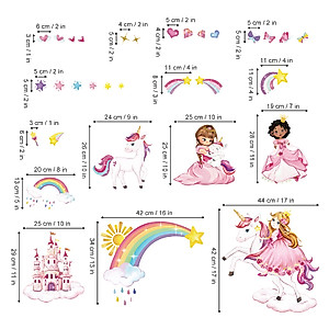 wondever Princess Unicorn Wall Stickers Castle Rainbow Peel and Stick Wall Art Decals for Girls Bedroom Kids Room Baby Nursery