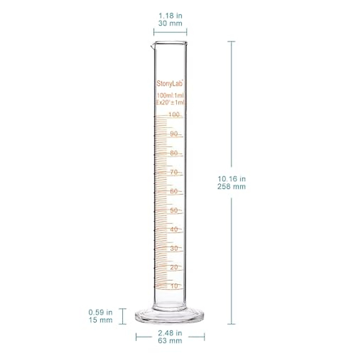 StonyLab 2-Pack 100ml Borosilicate Glass Graduated Cylinder Measuring Cylinder