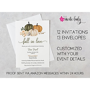 Pumpkin Bridal Shower Invitations Fall in Love Floral Autumn Fall Pumpkins Sage Olive Green Orange Floral Customize Personalize Printed Cards (12 count)