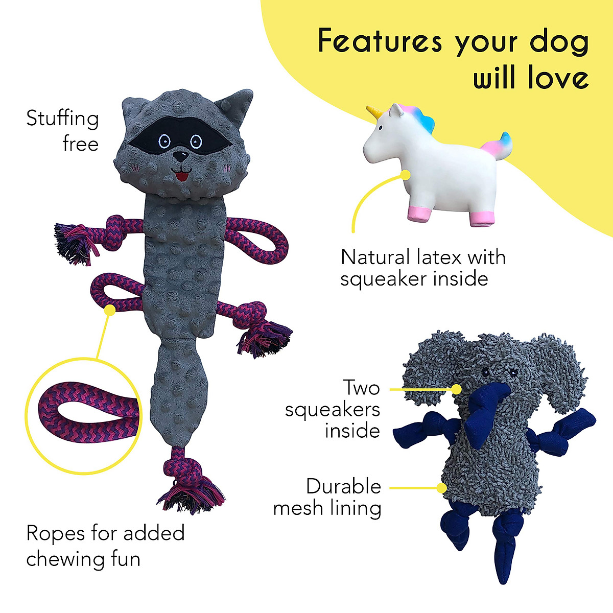 rocket & rex No Stuffing Dog Toy | Unstuffed Dog Toys Set with Squeakers | Includes a Stuffing Free Rope Toy, Rubber Squeaker Toy and Plush Toy | for Small to Medium Breeds | Dog Stocking Stuffer