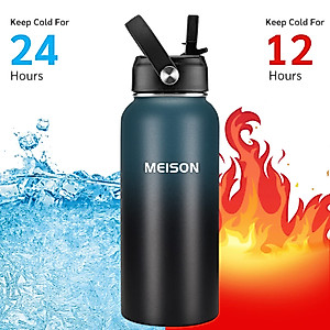 Insulated Water Bottle With Straw 32oz, Sports Water Bottle 1 Liter, Reusable Wide Mouth Vacuum 18/8 Stainless Steel Thermos Flask, Double Wall, BPA-Free (Deep Blue & Black, 32oz)