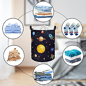 Clastyle 45L Boys Black Planets Nursery Hamper Collapsible Outer Space Laundry Basket with Drawstring Waterproof Kids Room Storage Basket with Handle, 14 * 17.7 in