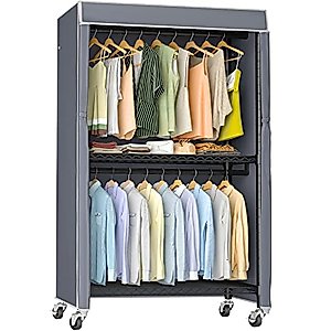 VIPEK V12C Heavy Duty Rolling Garment Rack with Cover Clothing Rack for Hanging Clothes Portable Closets with Adjustable 3 Wire Shelving, Double Rods, Freestanding Wardrobe, Black Rack with Grey Cover