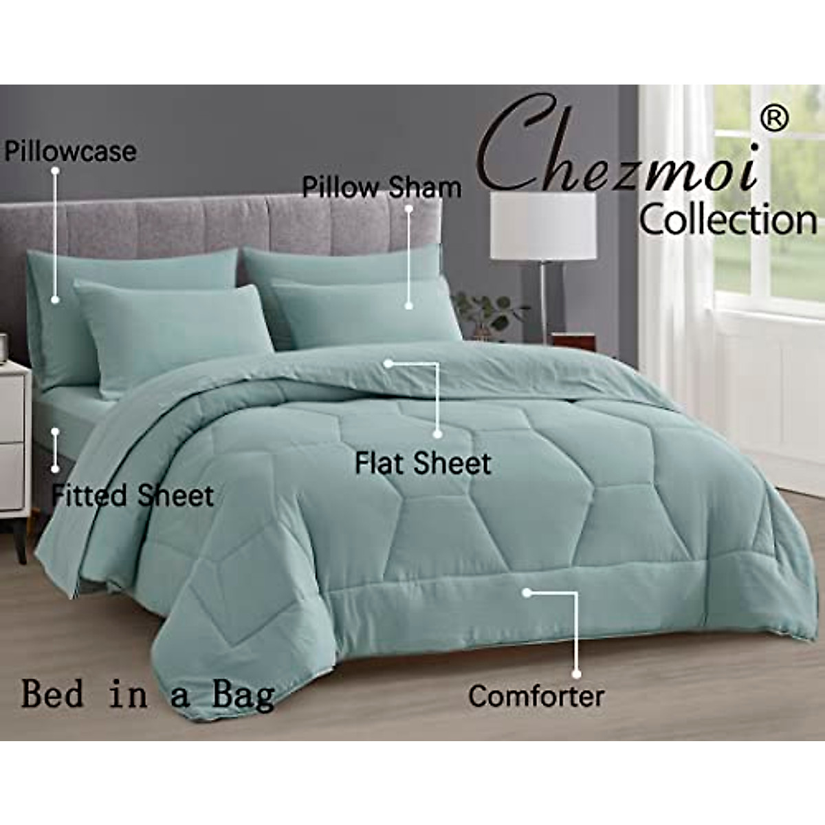 Chezmoi Collection Piper Twin Bed in a Bag 5-Pieces Honeycomb Geometric Hexagon Quilted Soft Washed Double Brushed Microfiber Comforter with Sheets Lightweight All Season Bedding Set (Twin, Aqua)