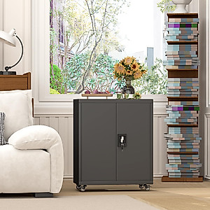 GREATMEET Metal Storage Cabinet with Locking Doors and Adjustable Shelf, Folding Filing Storage Cabinet with Wheels, Rolling Storage Locker Cabinet for Home Office,School,Garage, Black