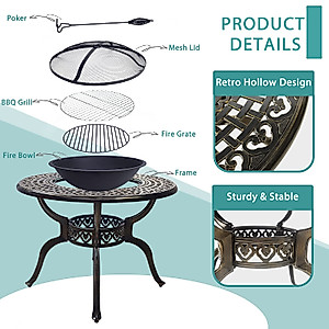 MEETWARM 40.3" Patio Fire Pit Dining Table Round Charcoal and Wood Burning, Outdoor All Weather Cast Aluminum Patio Furniture with Fire Bowl, Cooking BBQ Grill, Wood Grate, Spark Screen and Poker