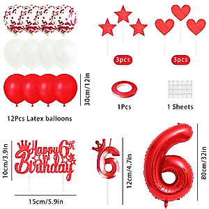 6th Birthday Decorations for Girls, Birthday Princess Crown Queen Tiara, It's My 6th Birthday Sash, 6 Year old Birthday Cake Topper, Number Candles Balloons Set for Birthday Party Supplies, Red