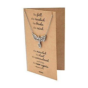 quan jewelry Phoenix Pendant Women Necklace, Bird Charm with Motivational Quote Card,Gift for Mom, Sister - Handmade (Silver Tone)