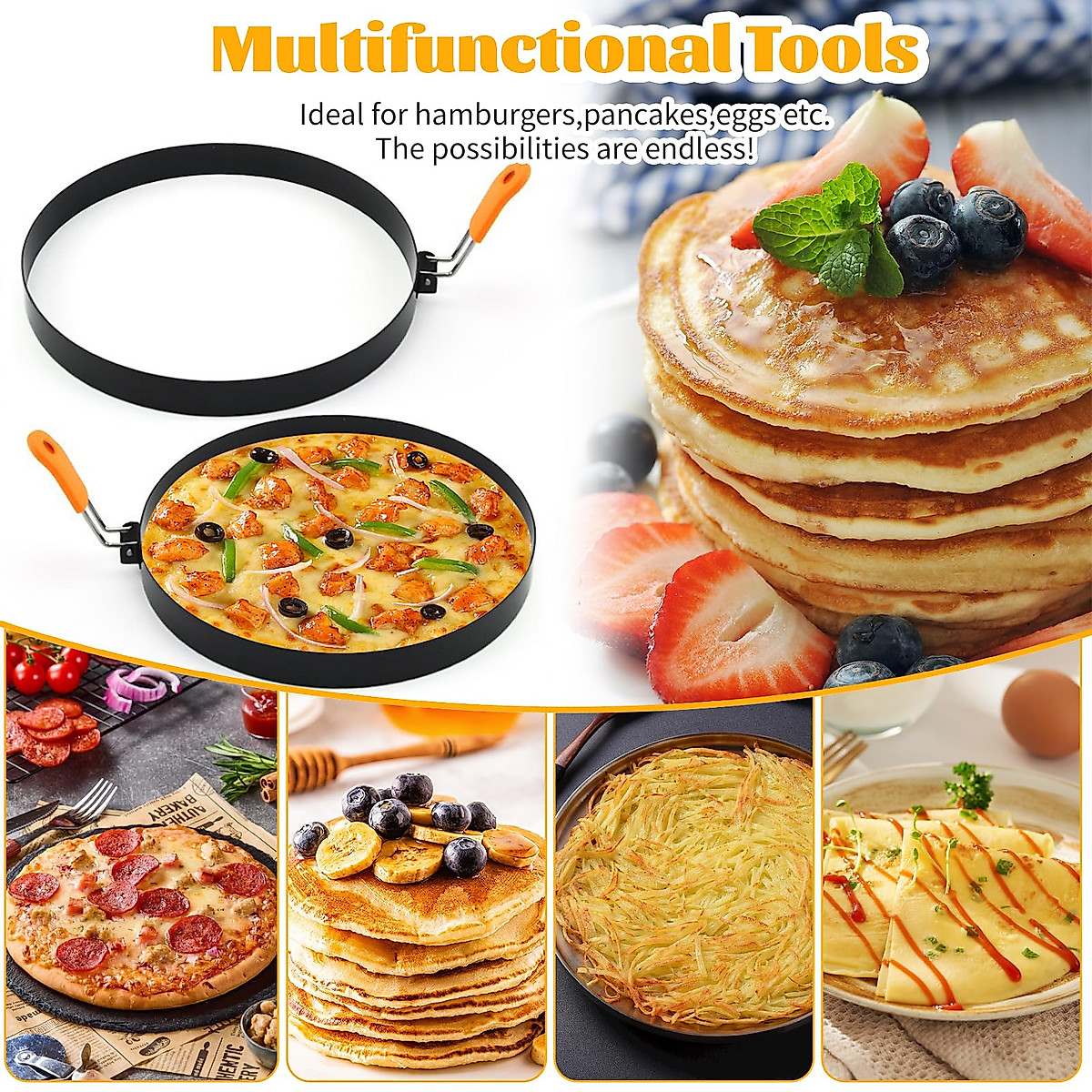8 Inch Large Omelette Ring for Griddle, 2 Packs 8" Stainless Steel Non-stick Omelet Ring, Round Pancake Rings Griddle Omelette Egg Ring Crumpet Ring Muffin Ring with Silicone Handle