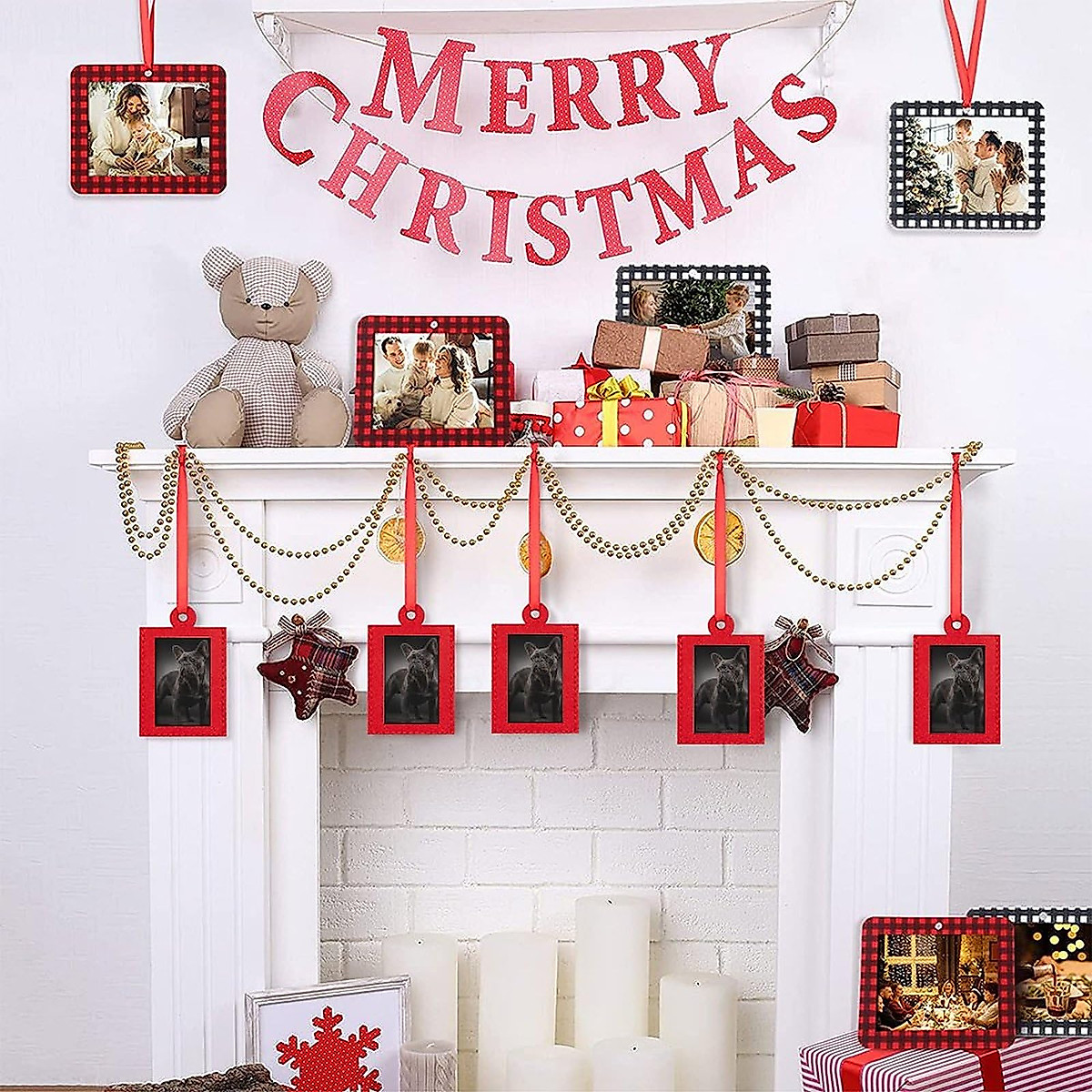 French Bulldog Portrait Christmas Photo Ornament Frame Red Picture Frame for Xmas Tree Hanging Decoration