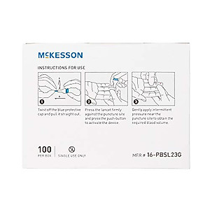 McKesson Safety Lancets, Sterile, Push-Button, 23 Gauge Needle, 1.8 mm, 100 Count, 1 Pack