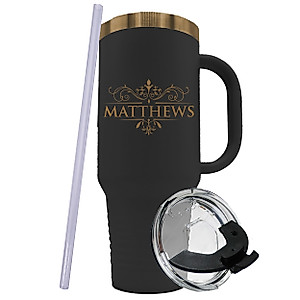 Custom Monogrammed 40 oz Tumbler with Handle, Lid and Straw - Personalized Insulated Stainless Steel Large Cup (Black with Gold)