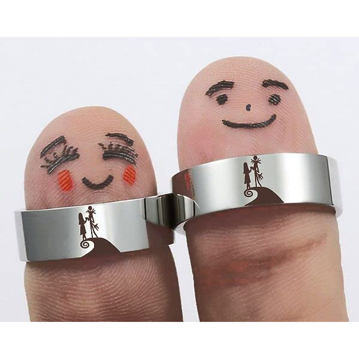 His Sally Her Jack Promise Couple Matching Ring Silver Stainless Steel Engagement Wedding Statement Bands Dainty Fashion Moonlit Confession Jewelry Gifts for Him and Her Boyfriend Girlfeiend