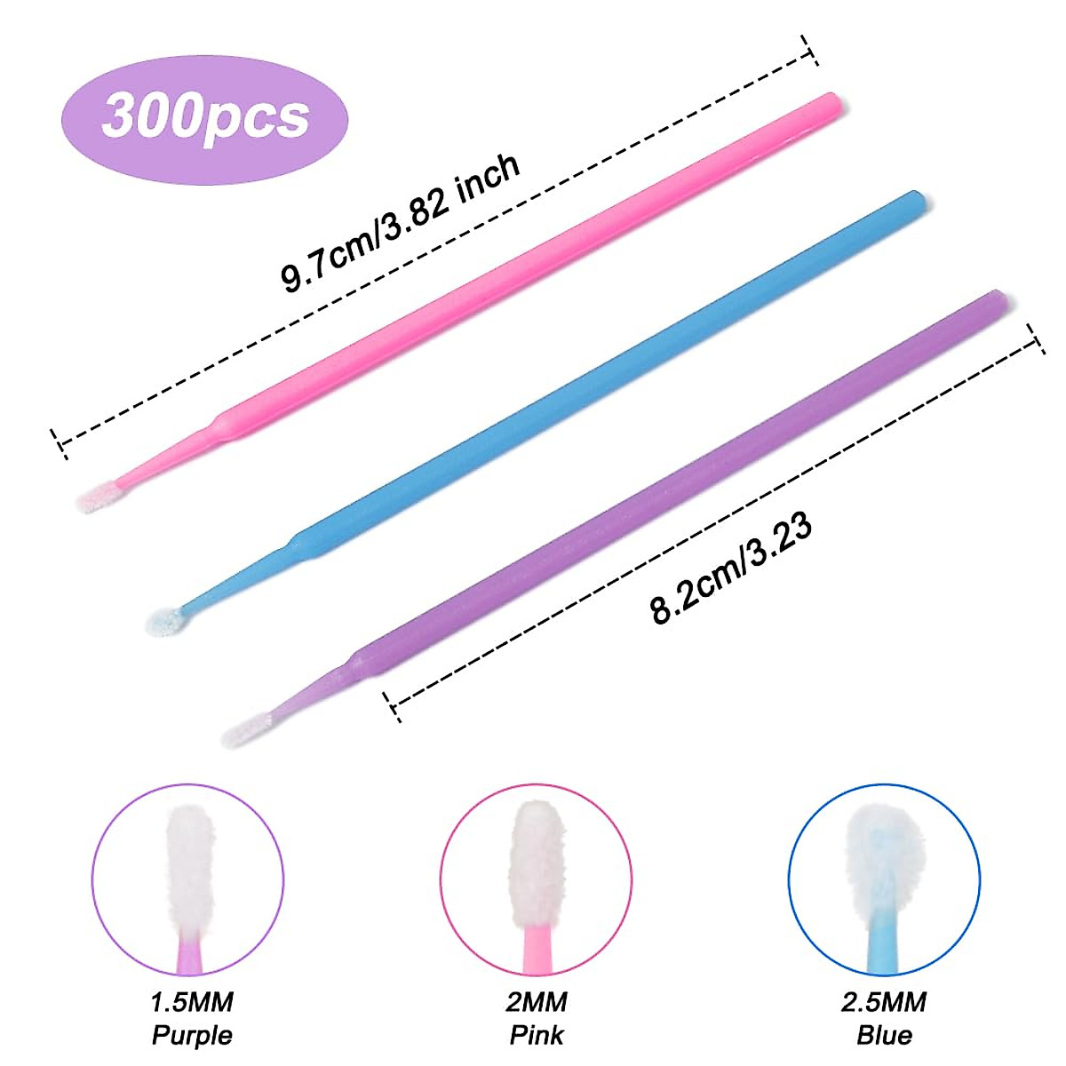 Shintop 300pcs Micro Applicator Brushes, Disposable Eyelash Extension Brushes for Makeup, Oral and Dental (Purple+Blue+Pink)