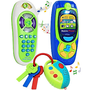 Click N' Play Pretend Play Cell Phone TV Remote & Car Key Accessory Playset for Kids with Lights Music & Sounds (Set of 3)