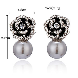 Women Faux Imitation Pearl Rhinestone Rose Stud Earrings