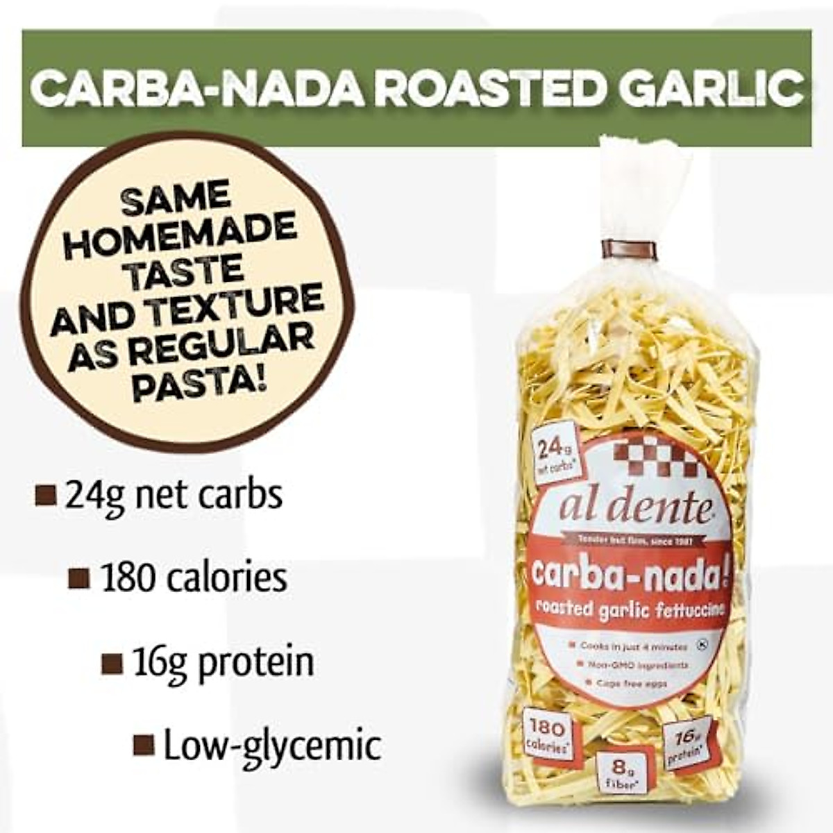 Al Dente, Carba-Nada Variety 2 Pack, Lower Carb, Egg Fettuccine & Roasted Garlic Fettuccine, Non-GMO, Homemade Taste & Texture, High Protein