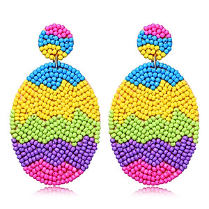 Easter Beaded Earrings for Women Boho Hypoallergenic Handmade Bunny Dangling Earrings Rainbow Egg Dangle Earrings Cute Pom Pom Pearl Beads Rabbit Easter Jewelry