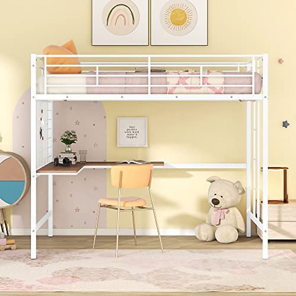 Goohome Full Size Metal Loft Bed with L-Shaped Desk and Metal Grid,Metal Loft Bed Frame with Ladder and Full Length Guardrail, Side Stairs, Space-Saving, Noise Free, No Box Spring Neede for Teen Adult