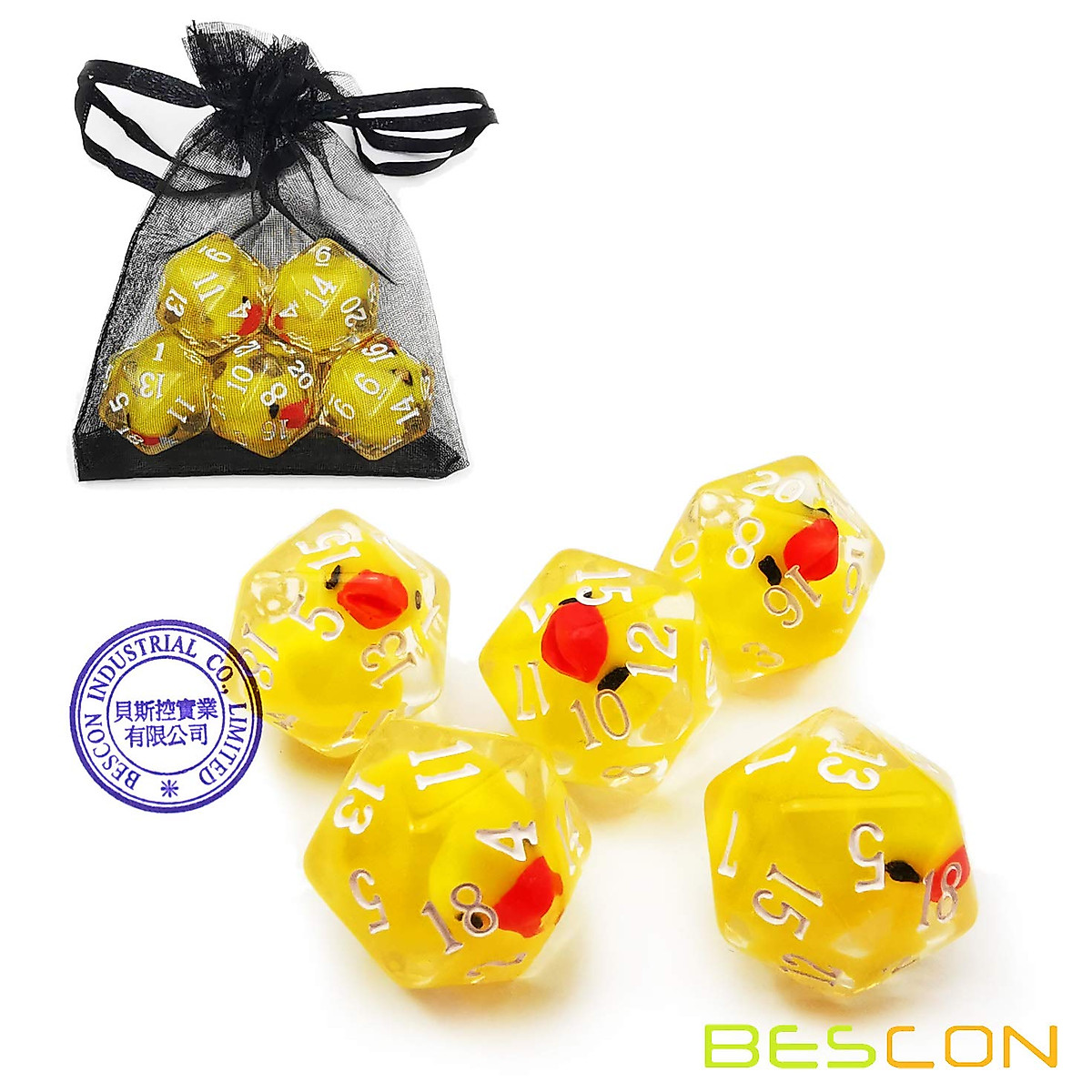 BESCON DICE Yellow Duck 20 Sides Dice Set of 5, Duck D20 5pcs Set