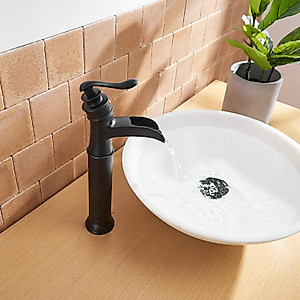 BWE Vessel Sink Faucet Waterfall Matte Black with Pop Up Drain Without Overflow and Supply Lines Bathroom faucets for Sink 1 Hole One Handle Faucets Vanity Bath Mixer Tap