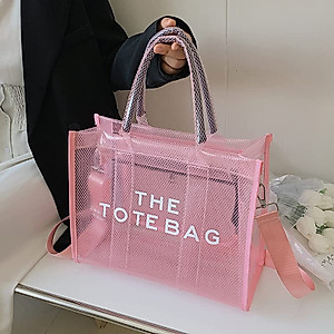 UMRFNO Clear Tote Bags for Women PVC Transparent Mesh Tote Bag With Zipper Fashion Purse Tote Bag Shoulder Handbags (Light Pink)