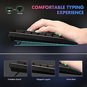 CHONCHOW Ergonomic LED Rainbow Keyboard for Game and Work, USB Wired Light Up Backlit Gaming Keyboard with Wrist Rest, 104 Key Quiet RGB Keyboard for PC Xbox PS4 PS5 Laptop