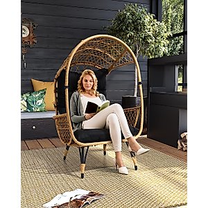 JOINHOM Hand Woven Wicker Egg Chair, Patio Sun Shade Egg Chair with Wide Armrest Allow You to Relax, Strong Metal Frame Lounge Chair w/Cushion for Garden, Balcony, Living Room
