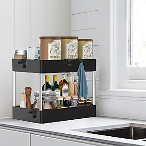 Under Sink Organizers and Storage, 2 Tier Storage Under Cabinet Bathroom Kitchen Organization and Storage with 4 Hooks, Multi-Purpose Under Sink Storage for Bathroom Kitchen, Black