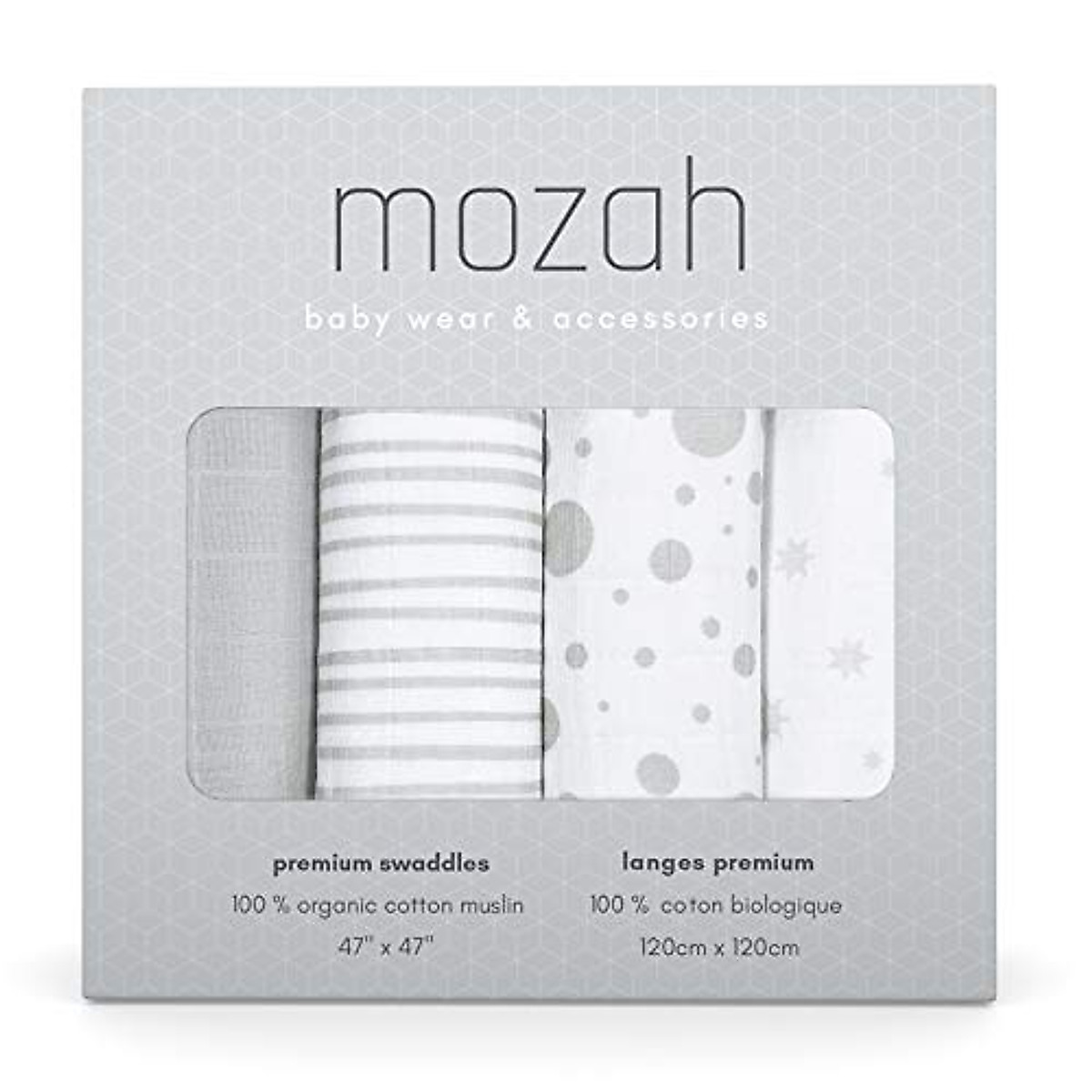 MOZAH Organic Muslin Swaddle Blankets - Baby Extra Large 47x47 inches - Baby Swaddle Blanket - Stars, Stripes, Dots, Grey - Unisex Muslin Blankets Girl or Boys
