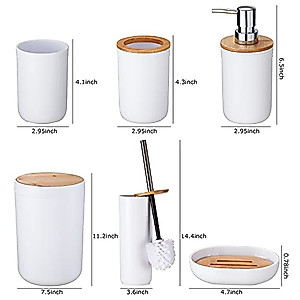 iMucci Bathroom Accessories Set with Trash Can,Toilet Brush,Toothbrush Holder, Lotion Soap Dispenser, Soap Dish,Toothbrush Cup,Qtip Holder(8Pcs White Bamboo Cover)