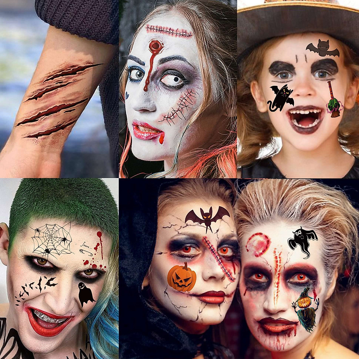 Yezunir 88+ Styles 18 Sheets 3D Halloween Temporary Tattoos For Kids Realistic Spider Web Bat Witch Pumpkin Fake Scars Tattoos Sticker Zombie Halloween Makeup Kit Women Men Adults Face Stitches Wound