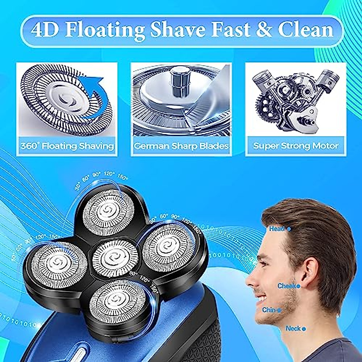 Head Shaver for Bald Men,5 in 1 Bald Head Shavers for Men Cordless,Waterproof Wet/Dry 5 Head Mens Electric Razor for Head Face Shaving, USB Mans Grooming Kit Rechargeable,Rotary Shaver Gift for Men