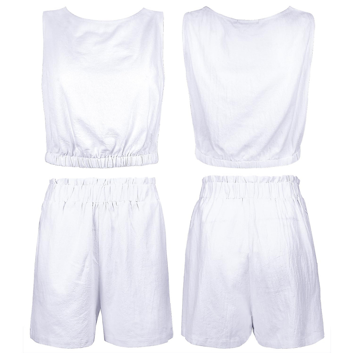 FAMCYINN Women Summer 2 Piece Outfits Crew Neck Crop Top Tank Elastic Waistband Casual Shorts Set with Pocket White XL