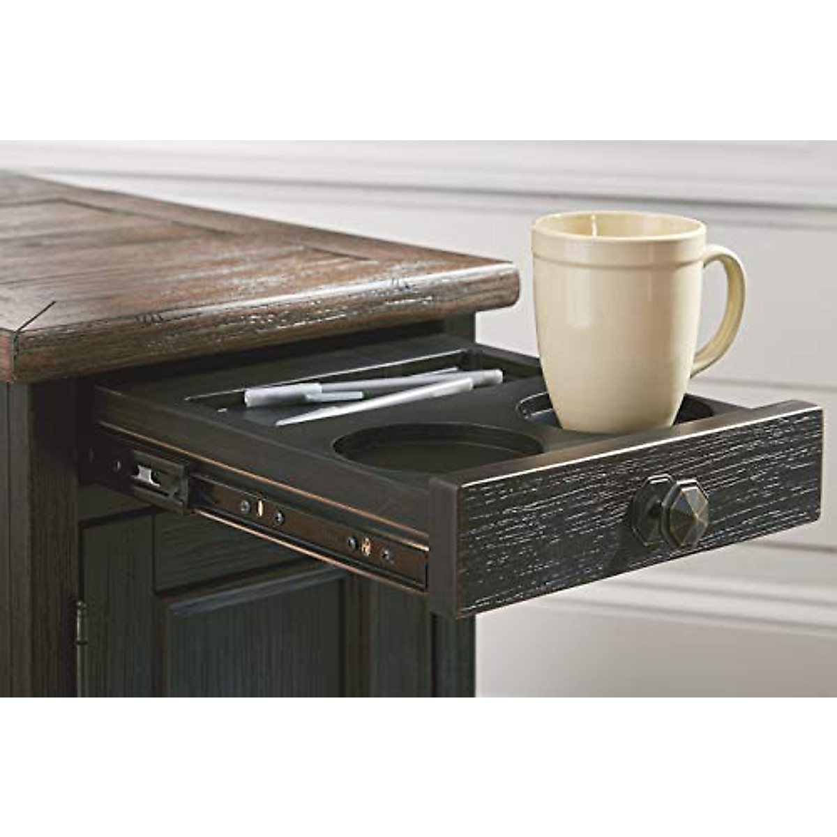 Signature Design by Ashley Tyler Creek Rustic Chair Side End Table with Pull-Out Tray & USB Ports, Brown