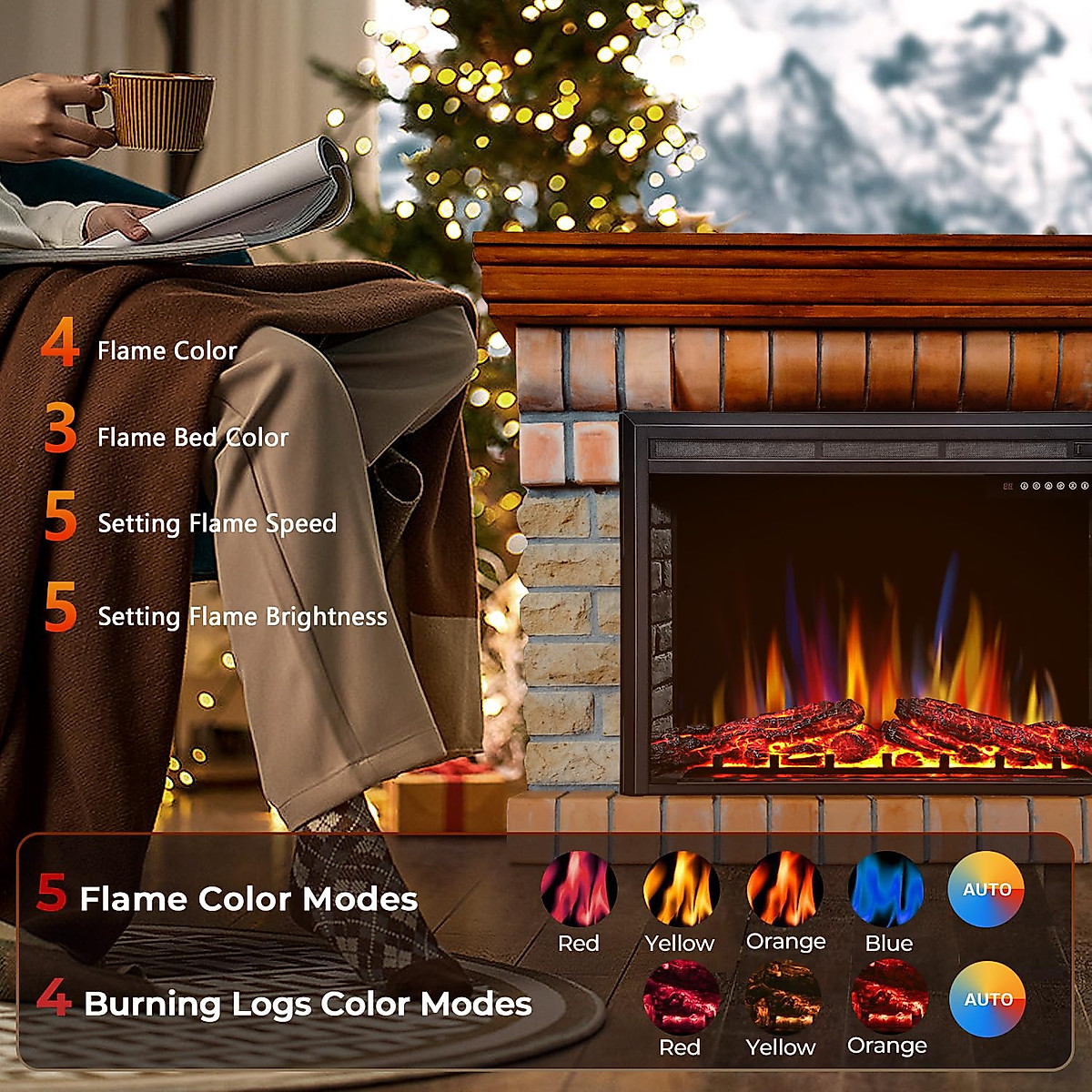 Havato 36 inch Electric Fireplace Inserts, Recessed Electric Stove Heater with Adjuatble Flame Colors, Log Colors, Flame Speed and Brightness, Remote Control & Time,750W/1500W