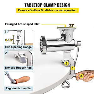 VEVOR Manual Stainless Steel Meat Grinder, 1.8" Clamp, 2 Grinding Plates, Sausage Stuffer, Ideal for Home Kitchen Restaurant Butcher’s Shop