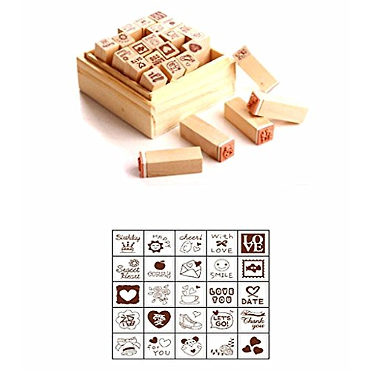 Diary Stamp Set,Wooden Rubber Signet for Children DIY Scrapbooking Planner Card Making(25pcs,Love Heart)