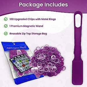 MR CHIPS Made in USA Bingo Magnetic Wand & ¾ Inch Purple Plastic Chips with Metal Rings - 100 Upgraded Pieces Bingo Chips Magnetic, Support American Jobs