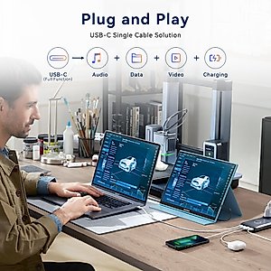 GEEKOM 16 Inch Portable Monitor, 2 USB-C Laptop Extender Screen with Smart Cover & Dual Speaker HDMI IPS HDR Computer Display Ultra-Thin External Gaming Monitor for PC Phone Mac Xbox PS4 Switch