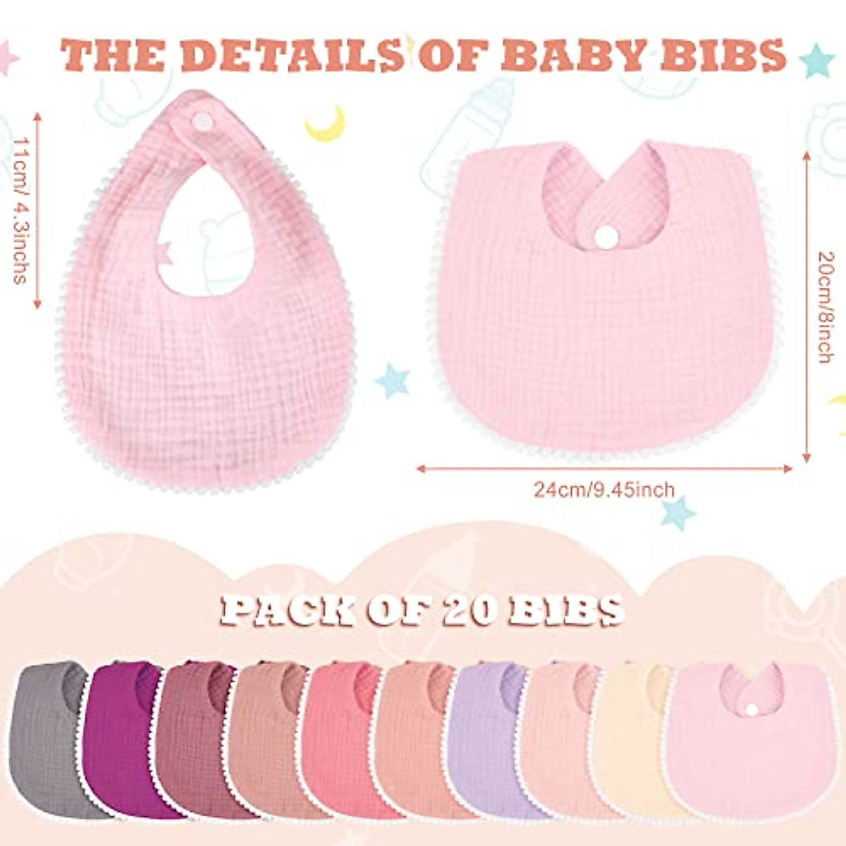20 Pcs Muslin Baby Bibs Baby Bibs for Girls Boys Teething Soft Absorbent Baby Drool Bandana Bibs with Snaps and Lace Border for Neutral Newborn Infant Drooling Essentials, 10 Styles