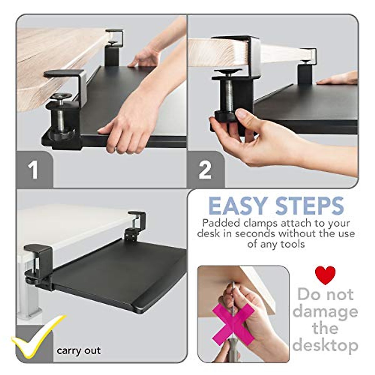 EHO Clamp-On Retractable Adjustable Keyboard Tray, Under Desk Ergonomic Keyboard Tray - Easy Tool-Free Install - Small Surface 20" x 11.5"
