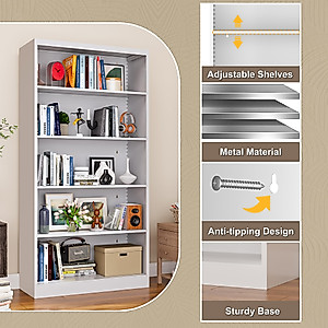 LyAosdFu Metal Bookcase, 14" Deep Bookshelf, 66" Tall Bookcases with Adjustable Shelves, 5 Shelf Bookcase, Industrial Bookshelves and Bookcases for Living Room, Office, Library. White Book Shelf.