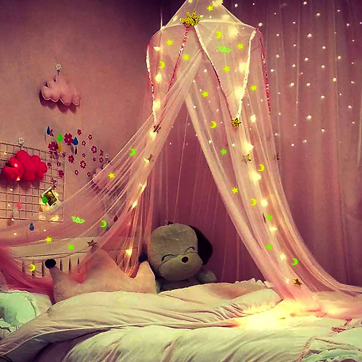Glamorstar Bed Canopy for Girls Princess Mosquito Net Glow in The Dark Stars and Moon Crib Hanging Tent Bedroom Decor Gift for Kids Pink Crwon