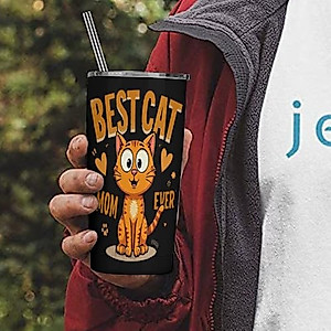 Best Cat Mother Ever Cute Orange Cat 20 OZ Stainless Steel Tumbler Travel Car Coffee Mug with Straw Lid Cleaning Brush Coffee Tumbler Mug for Women Men