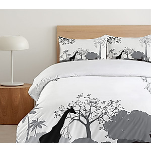 Ambesonne Savannah Duvet Cover Set, Grayscale Silhouette of Savannah Giraffe Deer and Trees Wild Region Theme Africa, Decorative 3 Piece Bedding Set with 2 Pillow Shams, Queen Size, White Grey