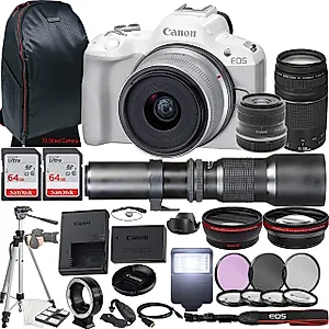 Canon EOS R50 Mirrorless Camera (White) w/RF-S 18-45mm f/4.5-6.3 is STM Lens + EF 75-300mm f/4-5.6 III Lens + 500mm f/8 Focus Lens + 2X 64GB Memory + Case + Filters + More (35pc Bundle)
