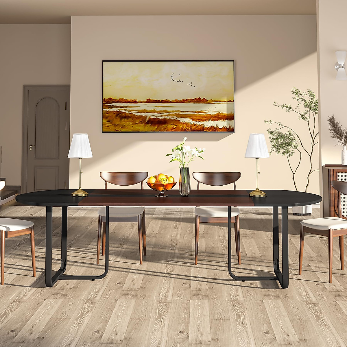 Tribesigns 70.86" Modern Oval Dining Table with Walnut and Black Finish Splicing Board, Curved Kitchen Tables for 6-8, Large Dining Room Table with Stylish Metal Legs (Walnut+Black)