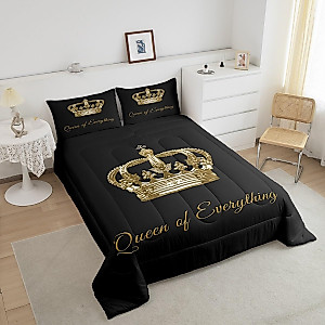 jejeloiu Queen Pattern Bedding Set Kids Crown Printed Comforter Set Modern Comforter for Women Men Room Decor Abstract Art Gold Black Duvet Set Queen Size with 2 Pillow Case